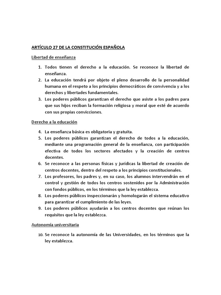 Artículo 27 de La Constitución Española | PDF