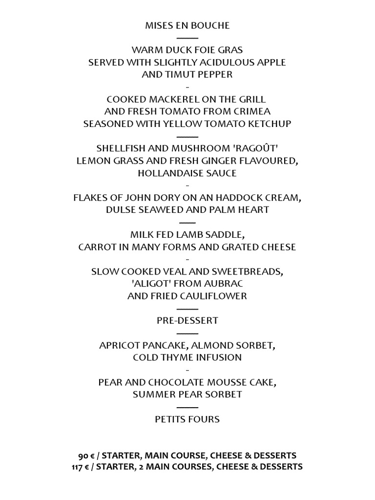 90 / Starter, Main Course, Cheese & Desserts 117 / Starter, 2 Main ...