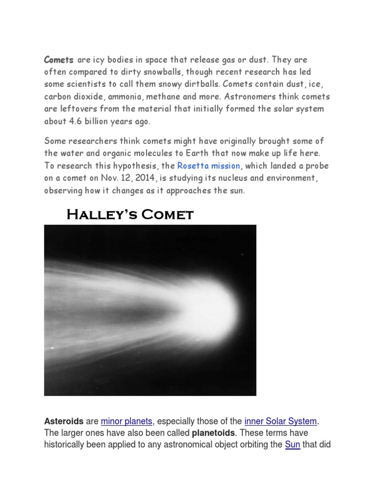 Halley's Comet: Comets Are Icy Bodies in Space That Release Gas or Dust ...