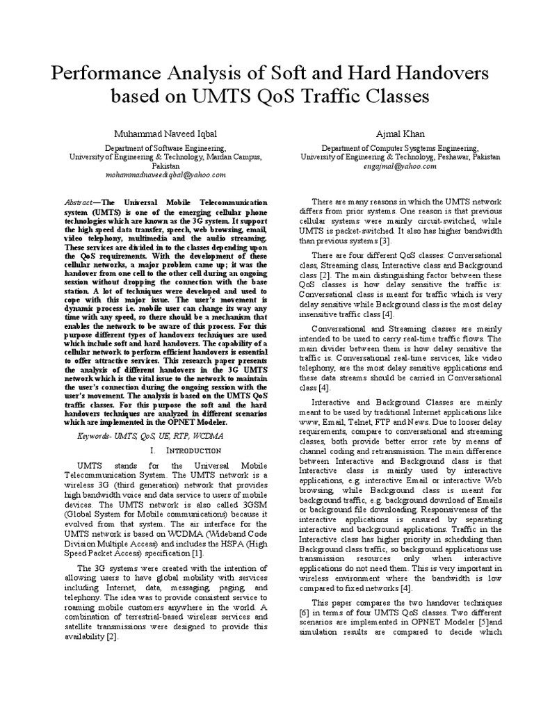 Performance Analysis Of Soft And Hard Handovers Based On Umts Qos Traffic Classes Pdf