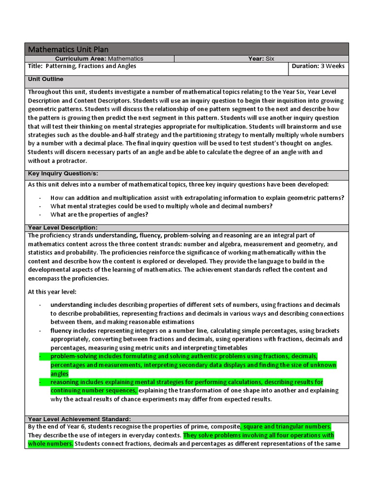 Mathematics Unit Plan: Curriculum Area: Mathematics Year: Six | PDF ...