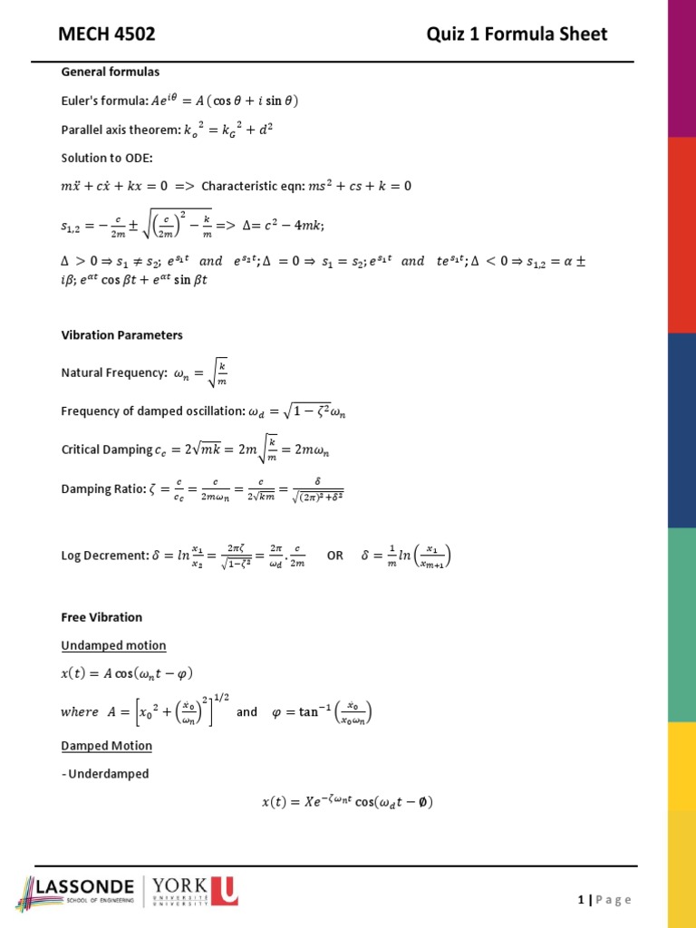 MECH 4502 Quiz 1 Formula Sheet: General Formulas | PDF | Mathematical Objects | Differential ...