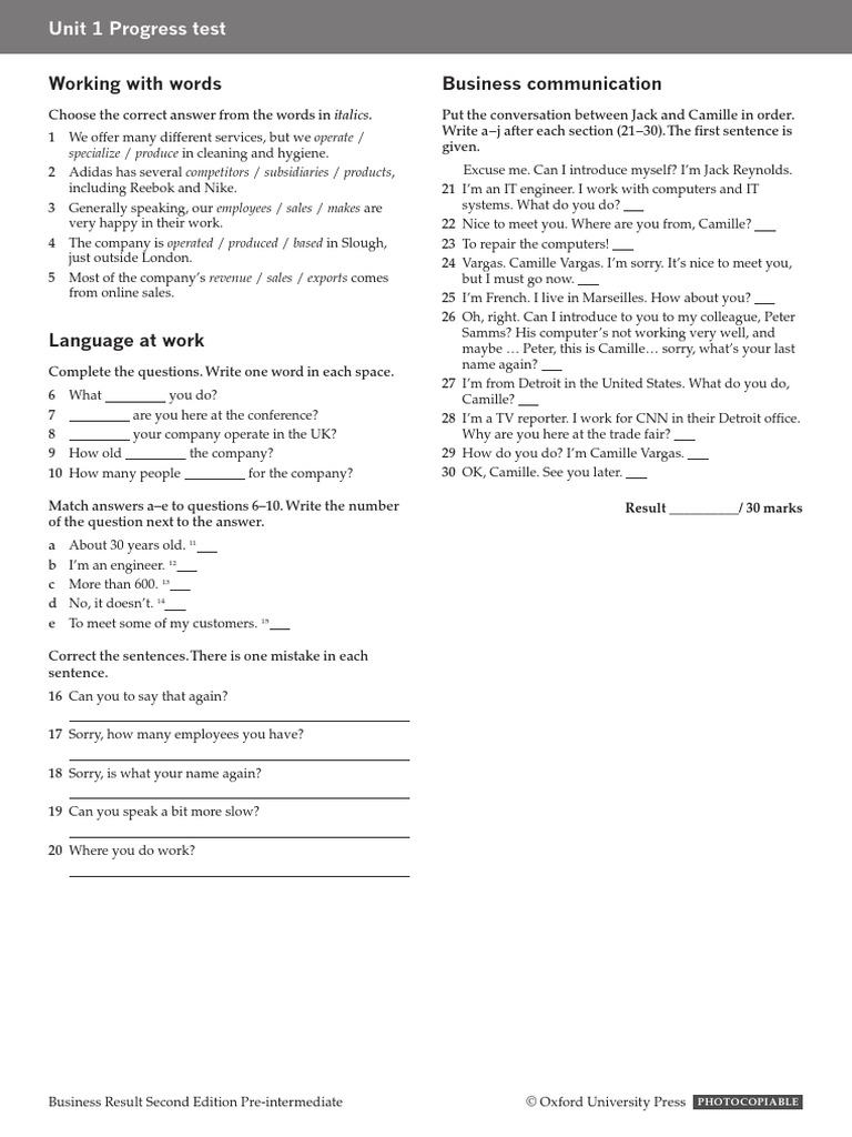 Business Result Pre-Intermediate Progress Test Unit 1 | PDF | Communication