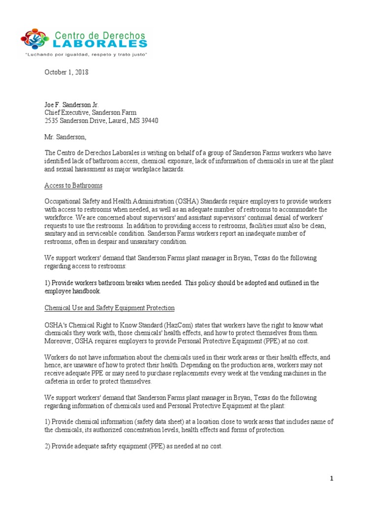 CDL Letter To Sanderson Farms - October - 1 - 2018 | PDF | Occupational ...