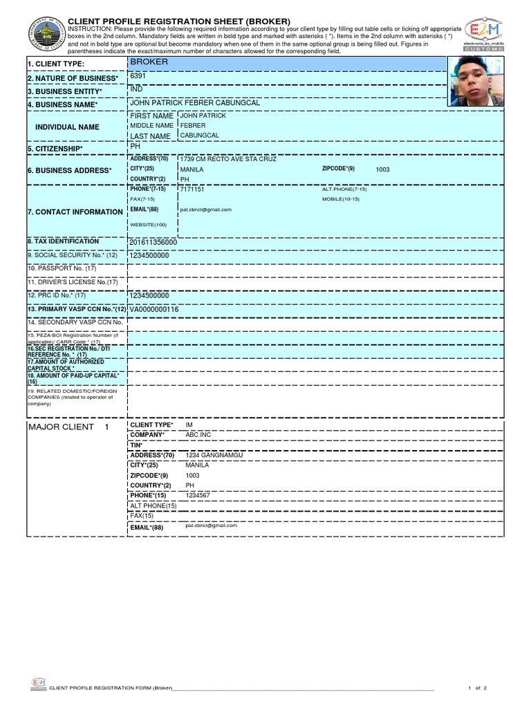 Client Profile Registration Sheet (Broker) | PDF | Business