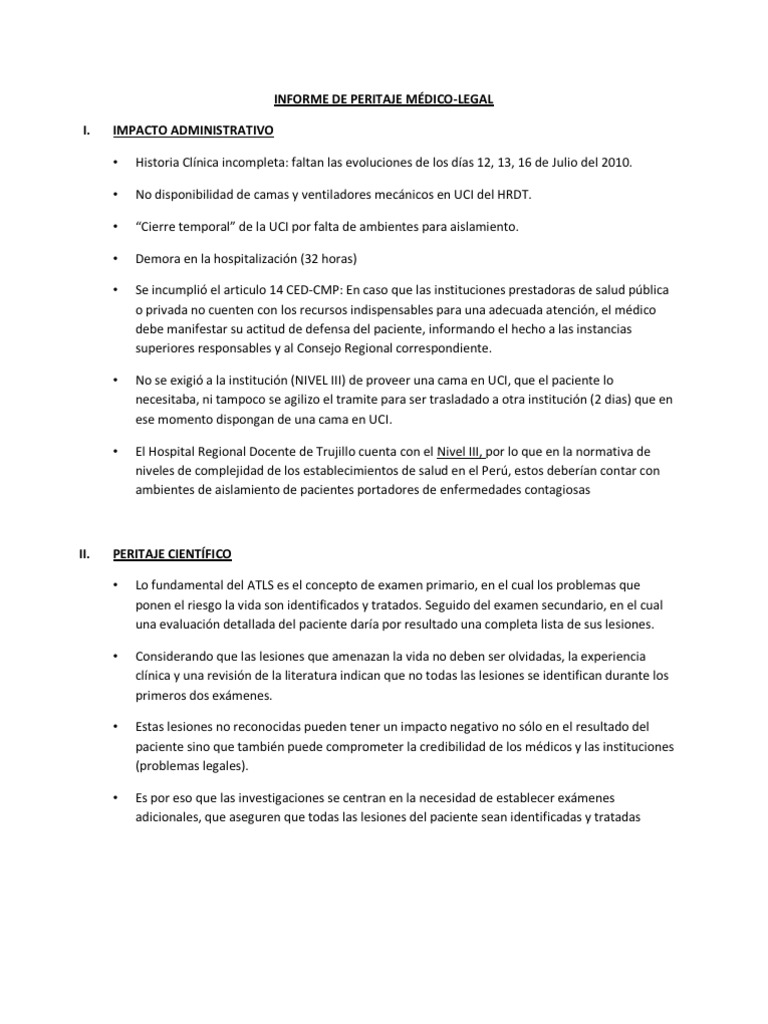 Informe de Peritaje Médico | PDF | Historial médico | Hospital