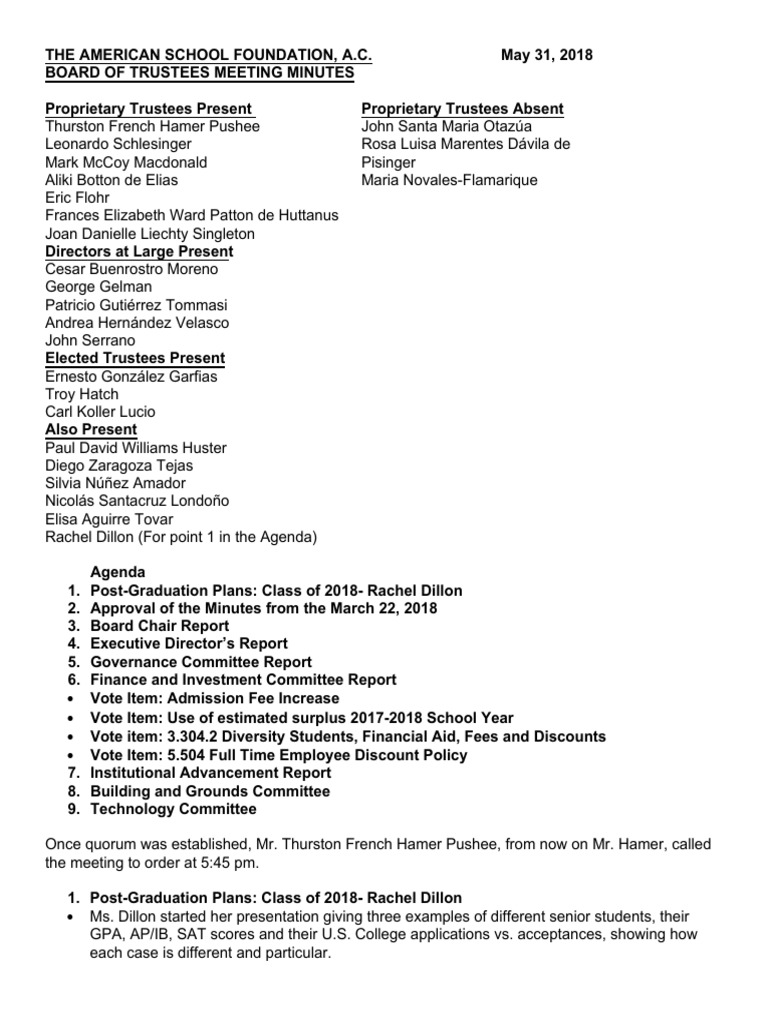 2018 05 BoT Meeting Minutes PDF | PDF | Committee | Board Of Directors
