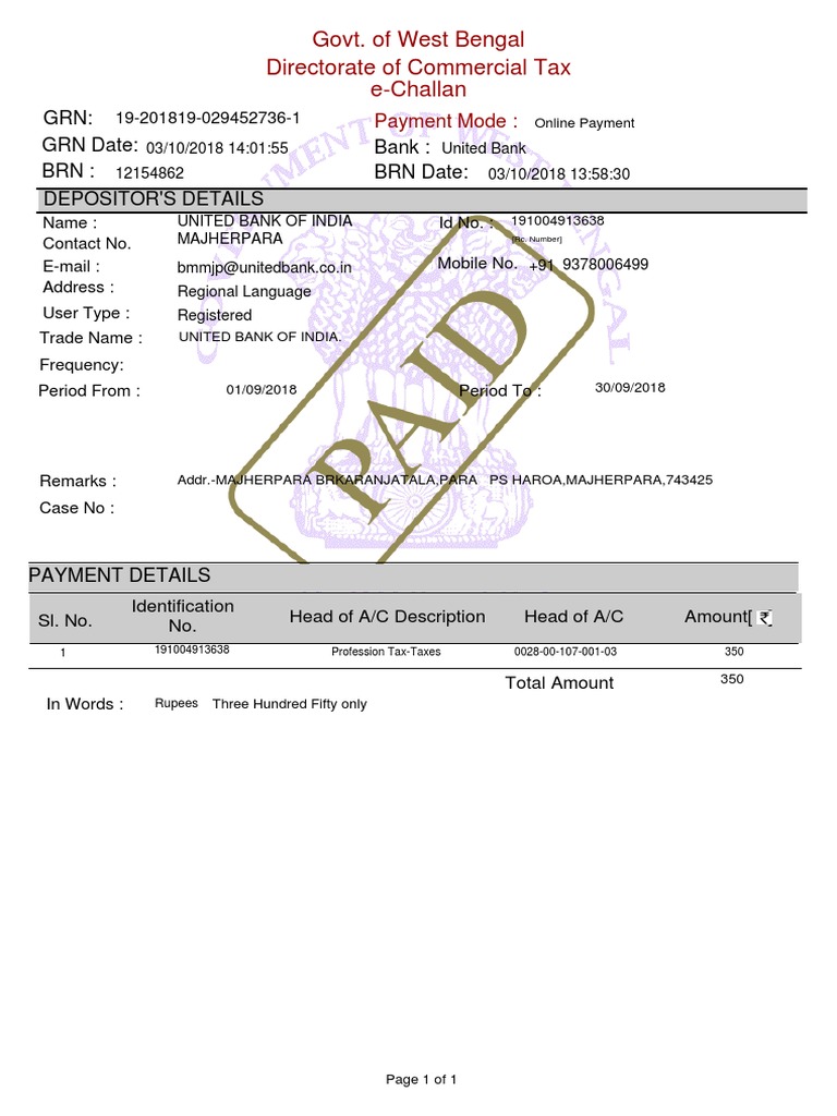 Govt. of West Bengal E-Challan Directorate of Commercial Tax | PDF