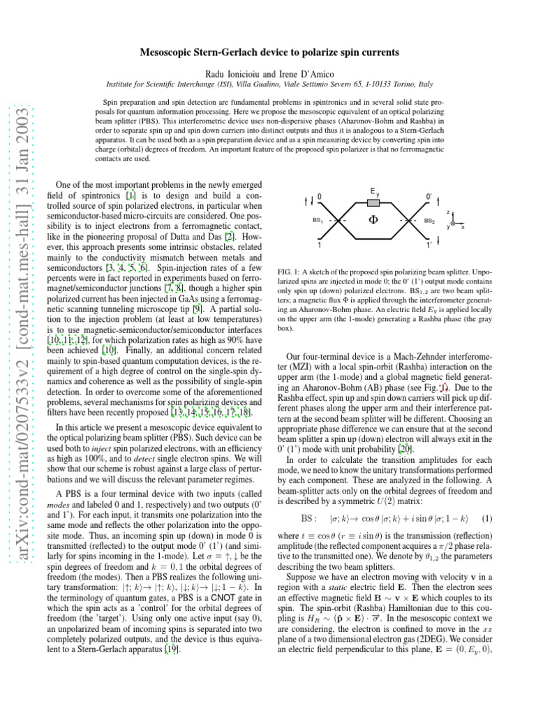 Mesoscopic Stern-Gerlach Device To Polarize Spin Currents | PDF | Spin ...