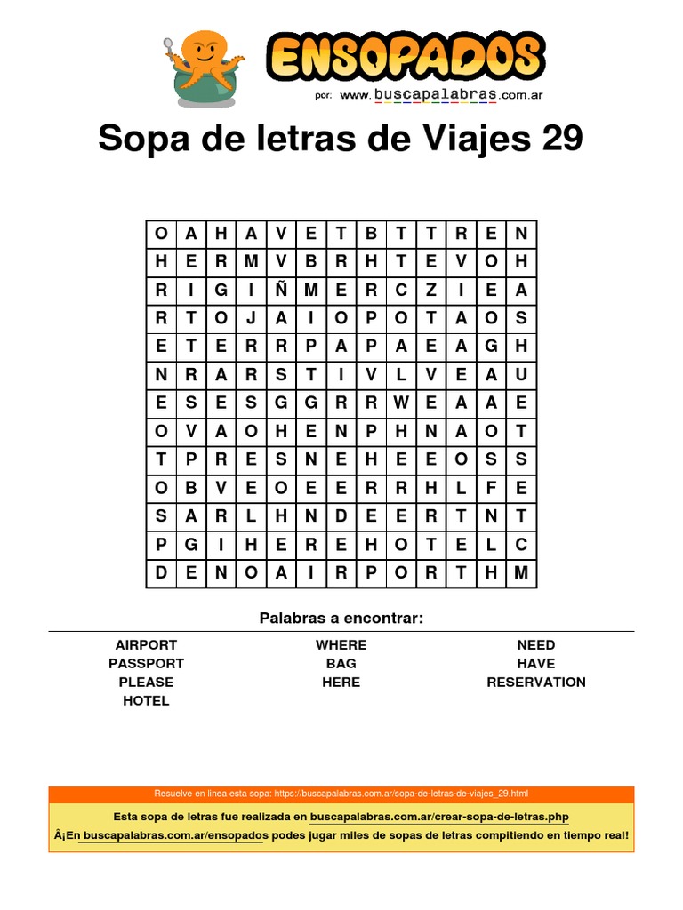 Sopa de Letras de Viajes 29 | PDF