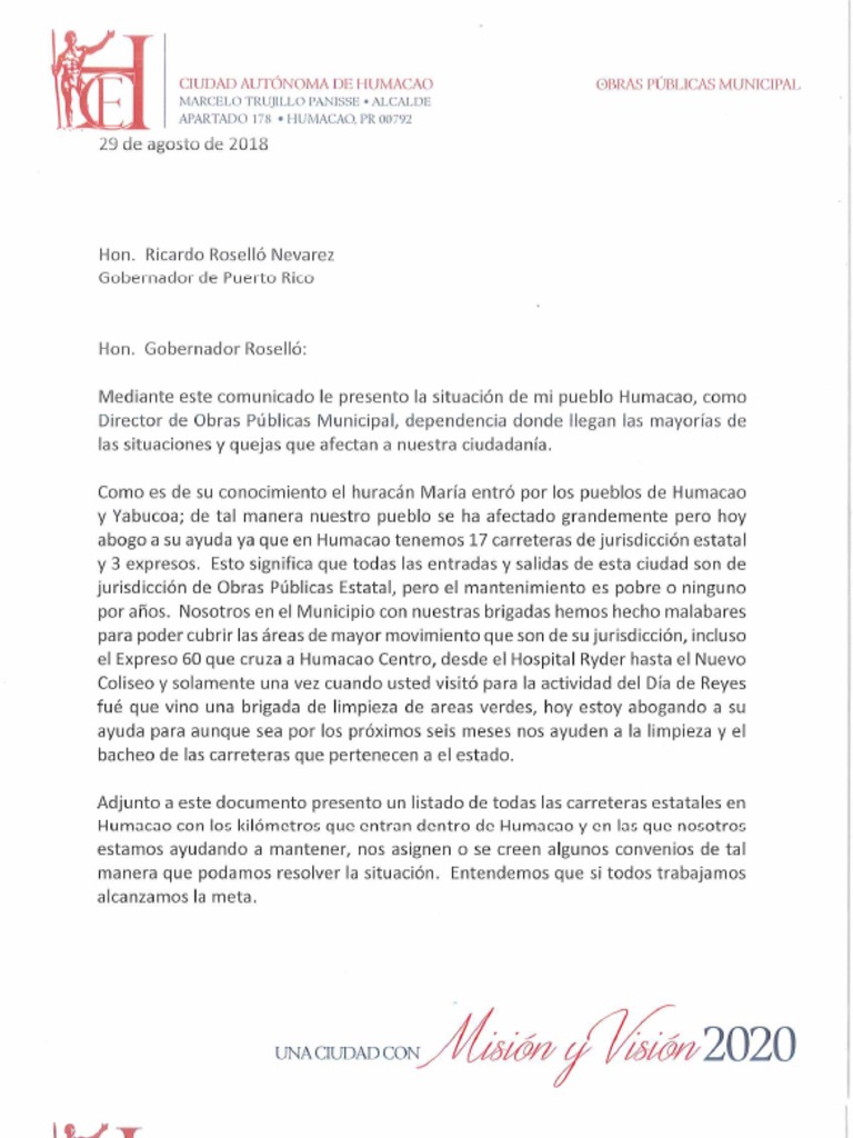 Carta Del DTOP Municipal de Humacao Al Gobernador de Puerto Rico Sobre ...