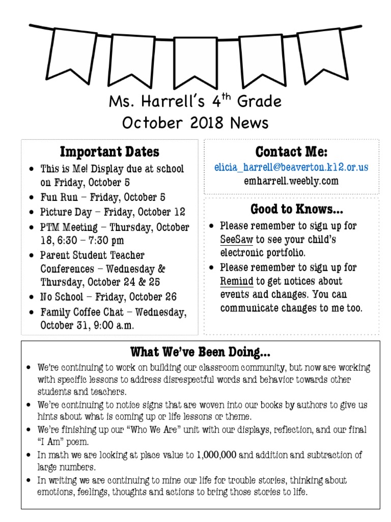 Ms. Harrell's 4th Grade October Updates | PDF