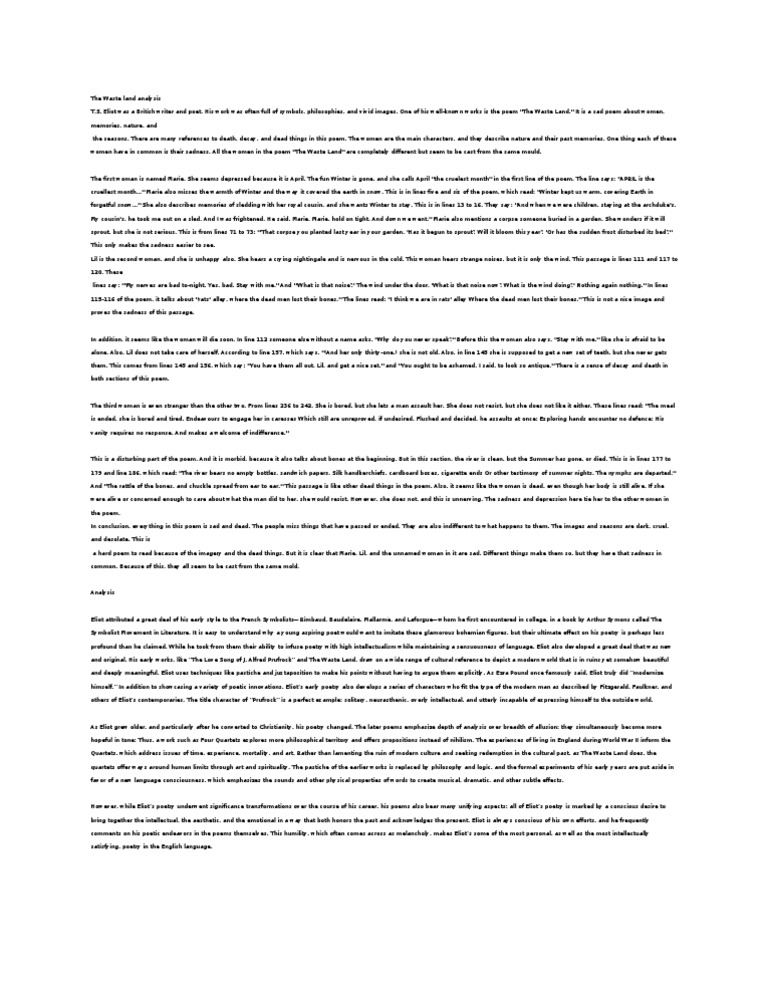 The Waste Land Analysis | PDF | T. S. Eliot | Symbolism (Arts)