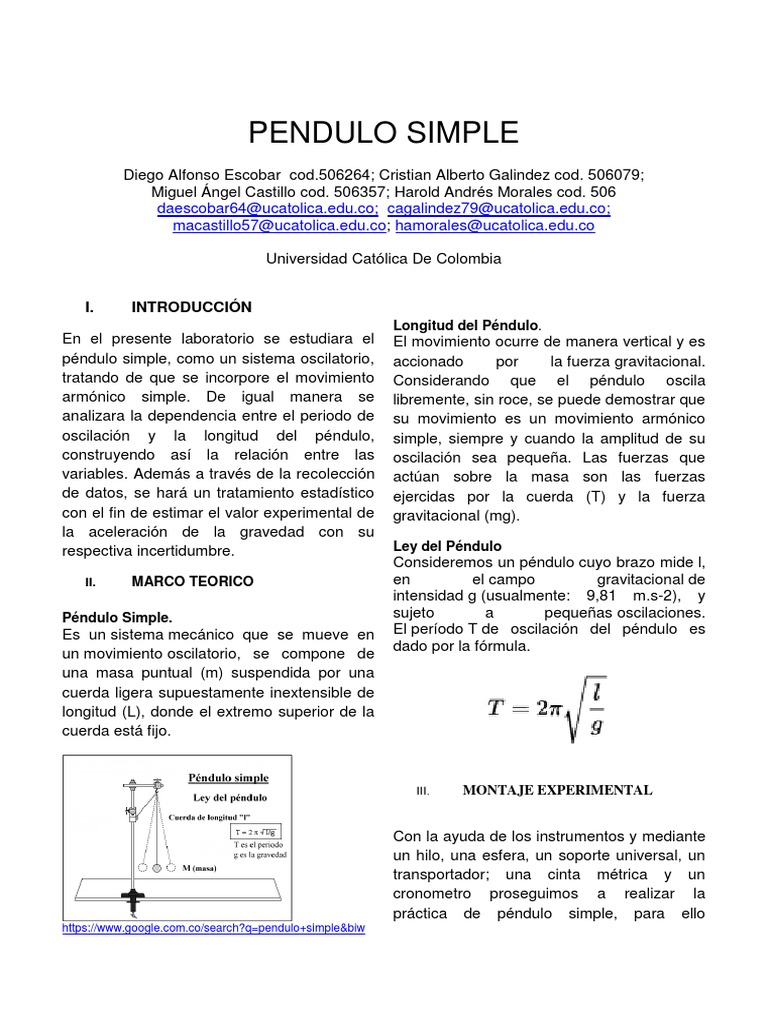 1er Lab Pendulo Simple | PDF | Péndulo | Movimiento (física)