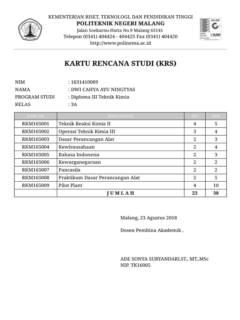 Kartu Rencana Studi (KRS) - Politeknik Negeri Malang Krs PDF | PDF