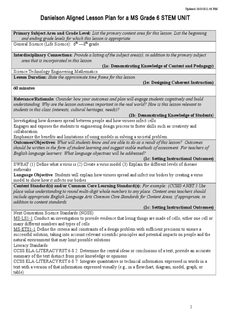 Danielson Aligned Lesson Plan 1 For MS R | PDF | Pedagogy | Learning