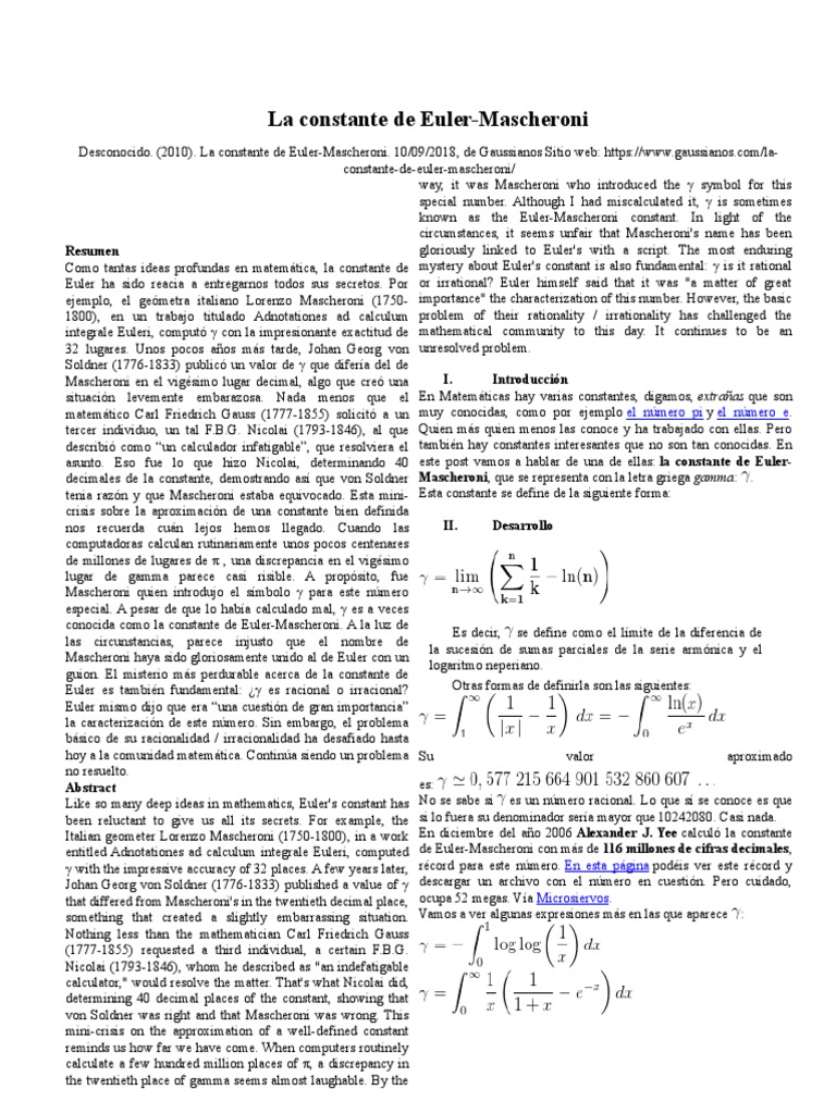 Constante de Euler | Descargar gratis PDF | Números | Conceptos matemáticos