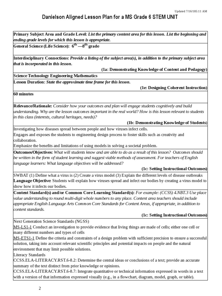 Danielson Aligned Lesson Plan 1 For MS | PDF | Lesson Plan ...
