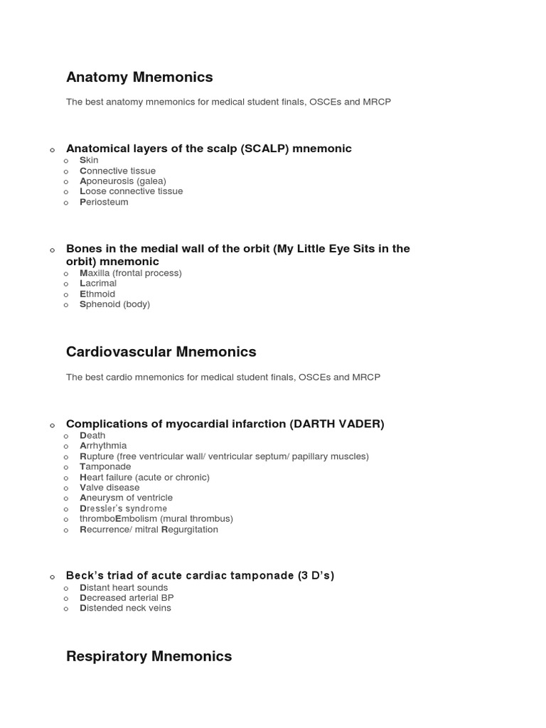 Anatomy Mnemonics | PDF | Human Head And Neck | Musculoskeletal System