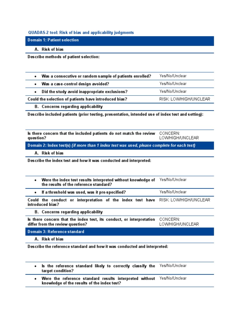 Template QUADAS 2 Tool | Bias | Risk