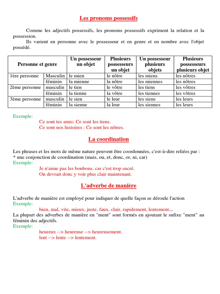 Les Pronoms Possessifs | PDF