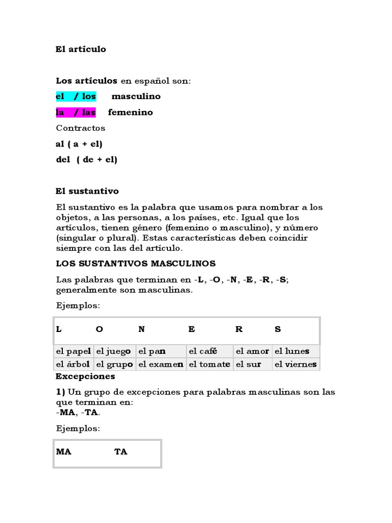 El Artículo, El Sustantivo, El Adjetivo y El Plural | PDF | Sustantivo ...