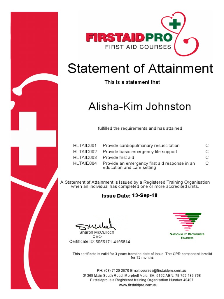 First Aid Certificate-Alisha Johnston | PDF