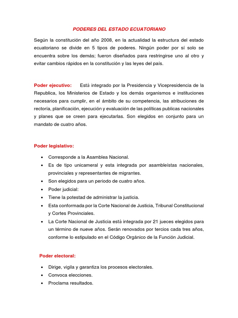 Poderes Del Estado Ecuatoriano | PDF | Separación de poderes | Ley Pública