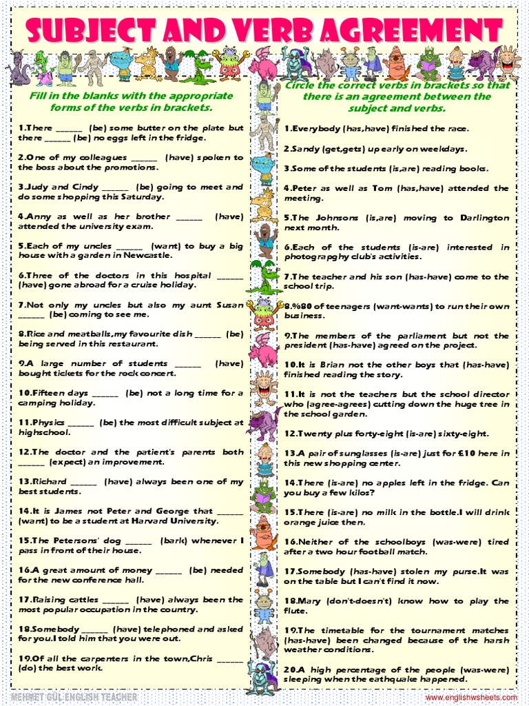 Subject and Verb Agreement Worksheet PDF | PDF