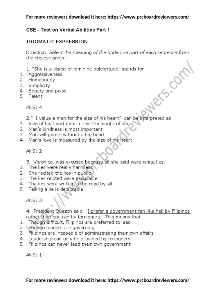 CSE - Test On Verbal Abilities Part 1 | PDF