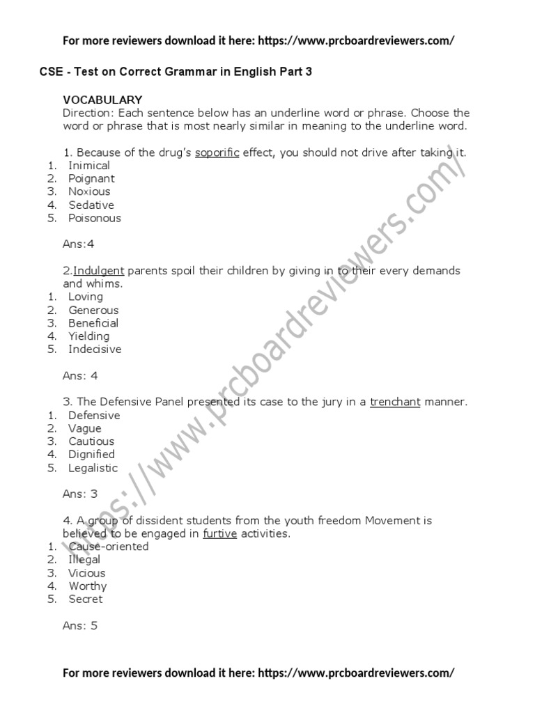 CSE - Test On Correct Grammar in English Part 3 | PDF