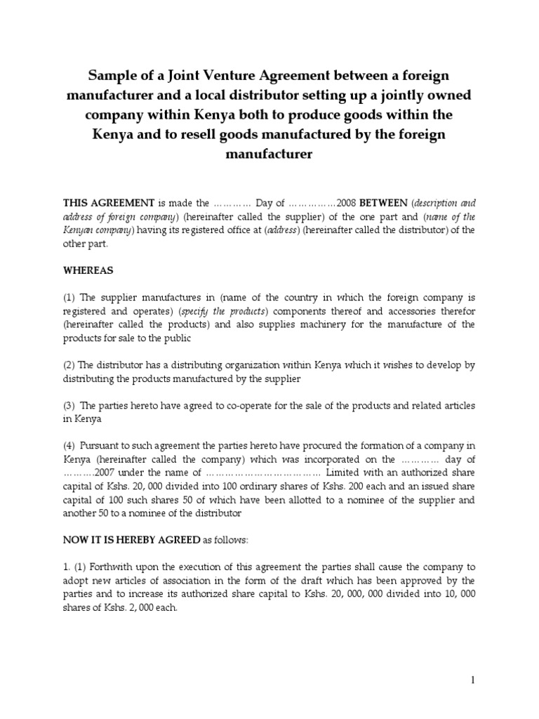 Sample Joint Venture Agreement | PDF | Prices | Joint Venture