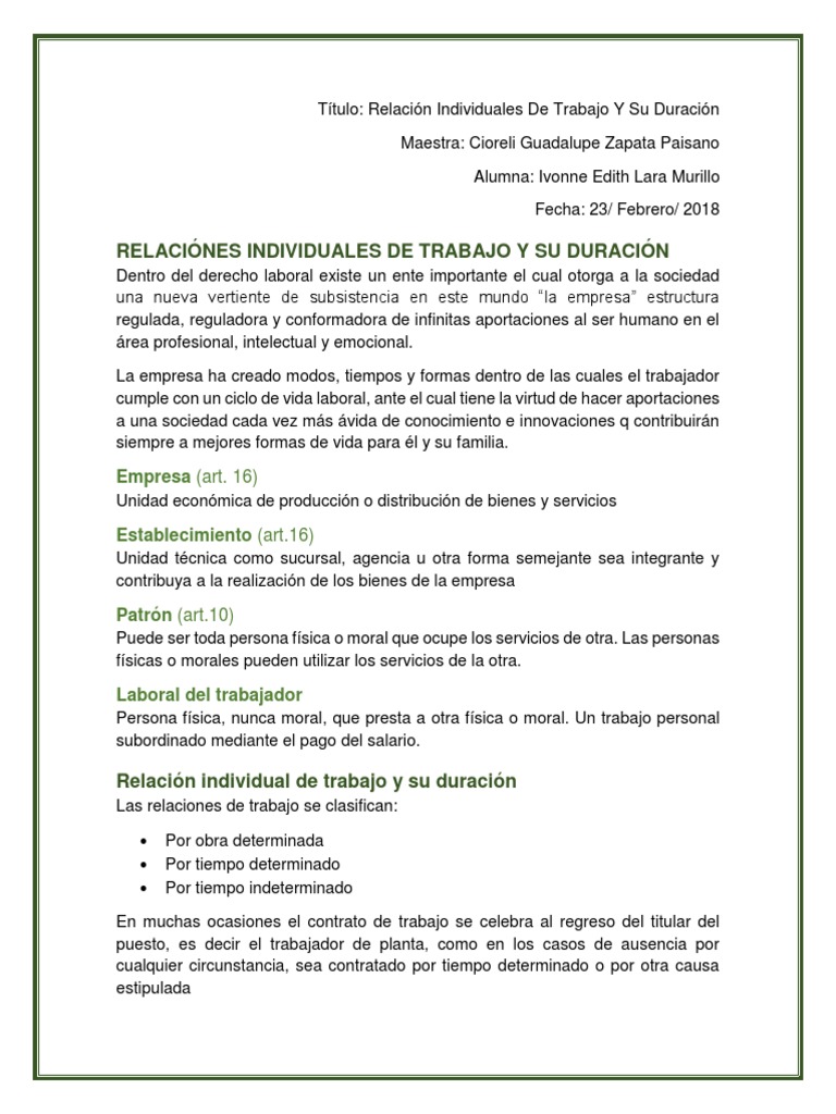 Relaciónes Individuales de Trabajo y Su Duración | Derecho laboral | Regulación