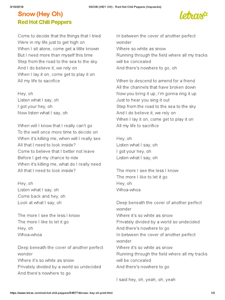RHCP Snow (Hey Oh) Lyrics | PDF | American Musical Groups | Rock Music