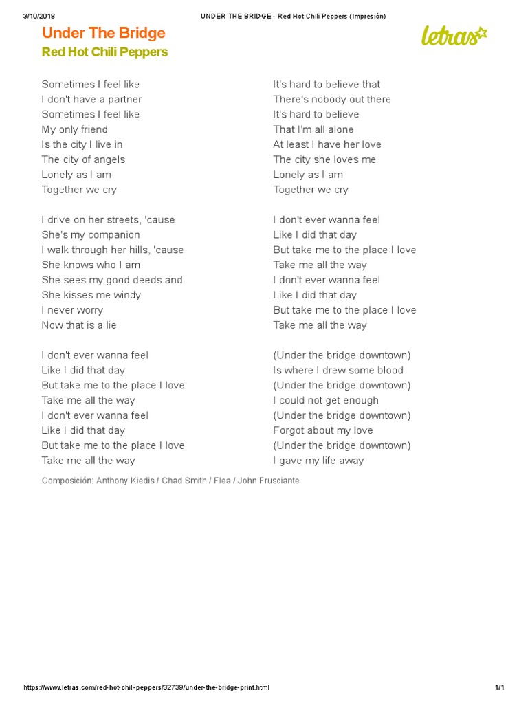 Red Hot Chili Peppers Under The Bridge lyrics | PDF | Song Recordings ...