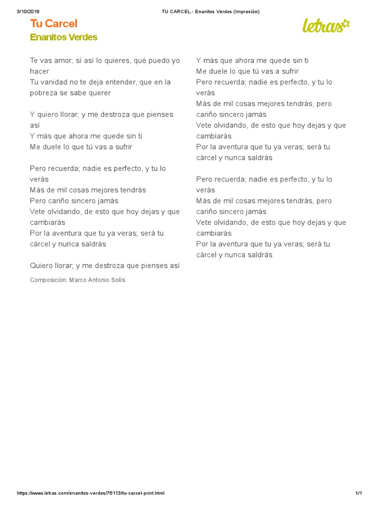 Letra de "Tu Cárcel" - Enanitos Verdes | PDF