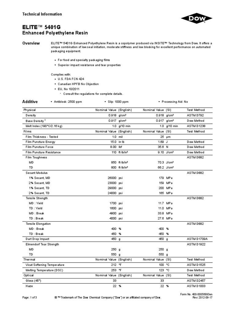 Dow Elite 5401G TDS | PDF | Dow Chemical Company | Heart