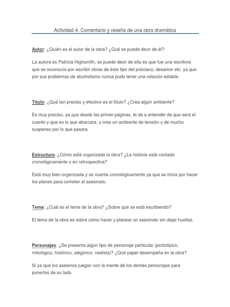 Comentario y Reseña de Una Obra Dramática