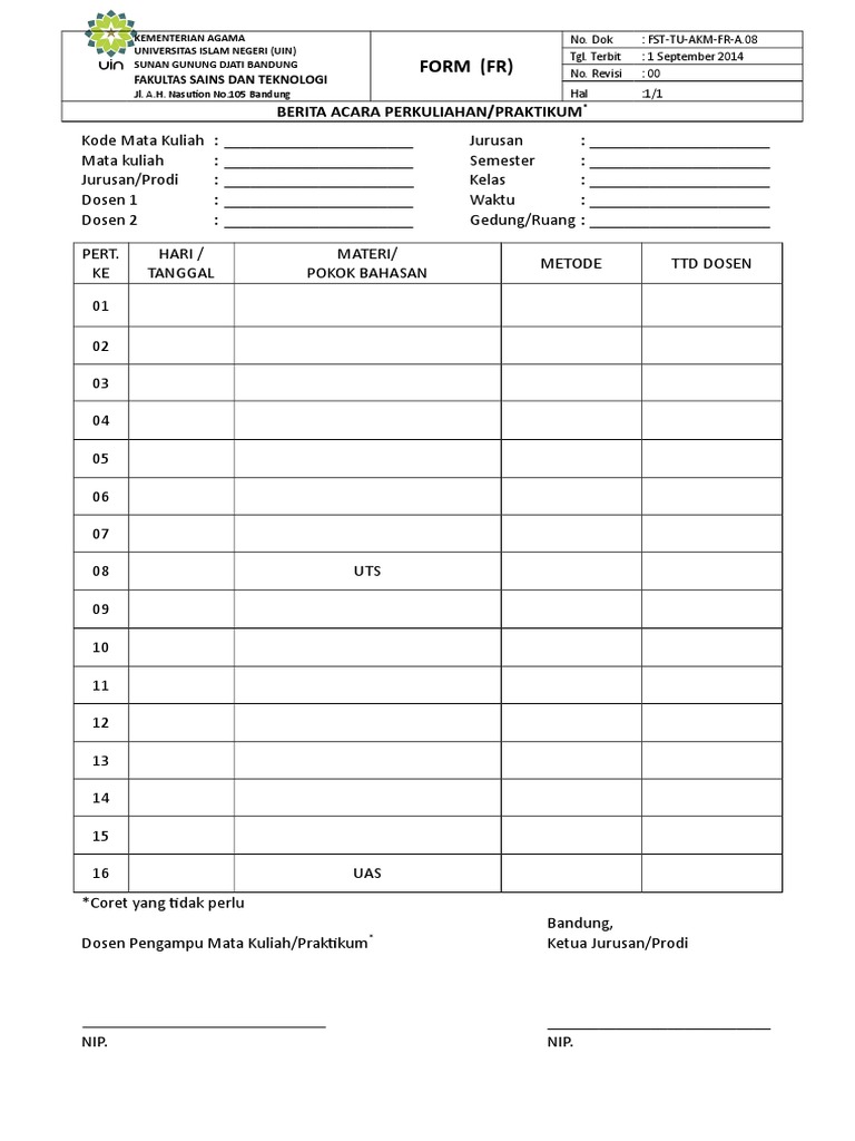 A.08 Form Berita Acara Perkuliahan KOREKSI | PDF