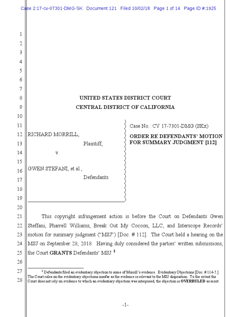Richard Morrill V Gwen Stefani Et Al MSJ Order | PDF | Substantial ...