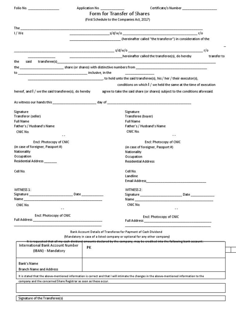 Form For Transfer of Shares | PDF | Financial Services | Service Industries