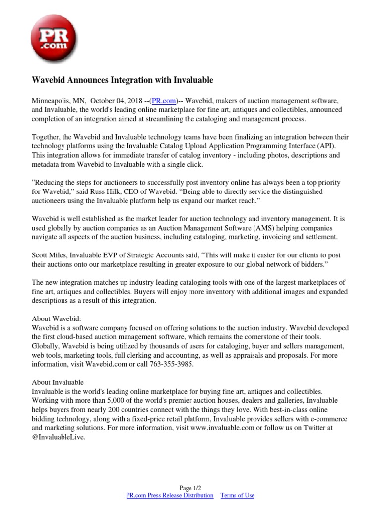 Wavebid Announces Integration With Invaluable | PDF | Auction | Online And Offline