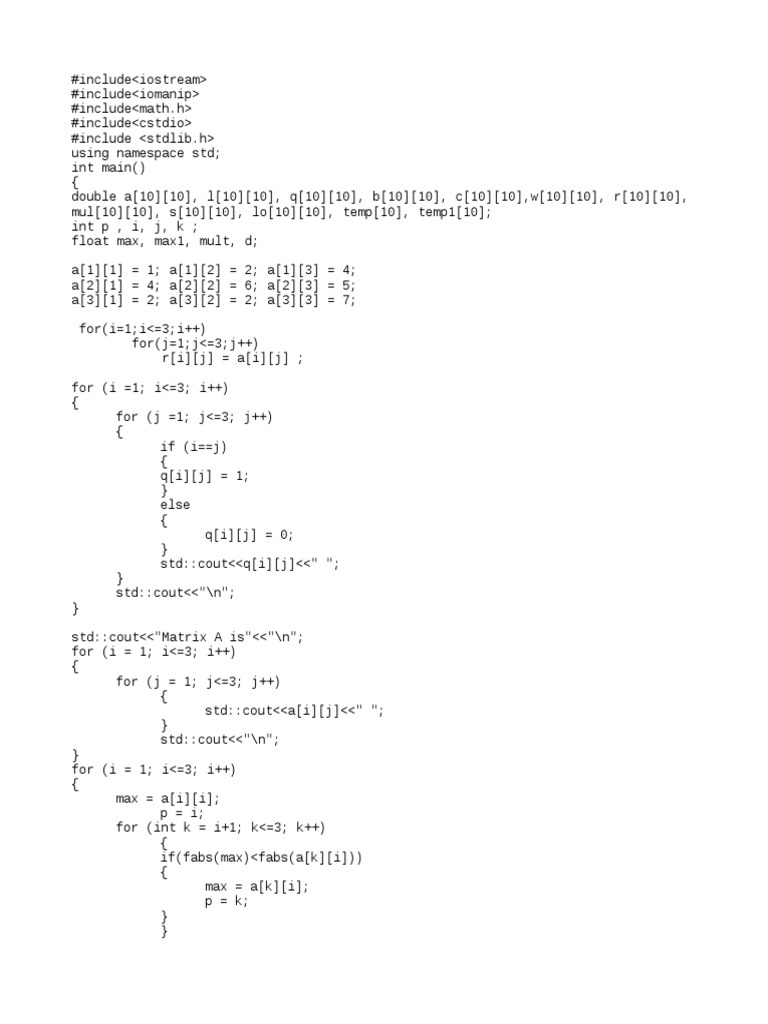 LU Decomposition With Partial Pivoting C Program | Download Free PDF | Linear Algebra | Operator ...