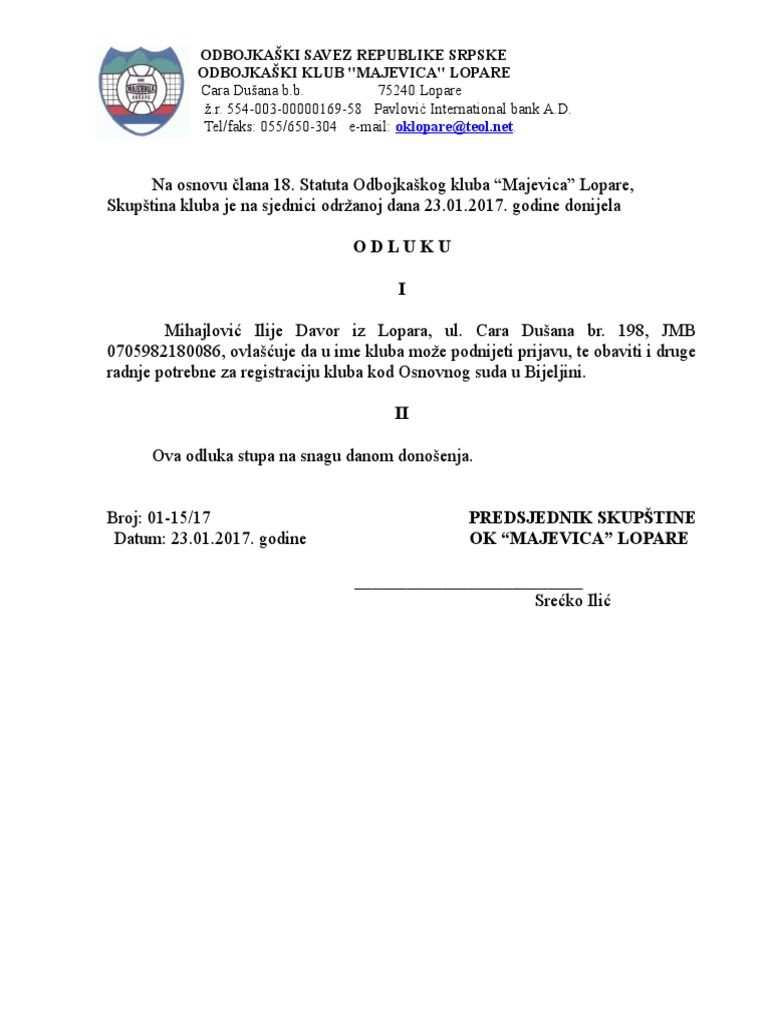 Odluka o Imenovanju Lica Ovlaštenog Za Upis U Sudski Registar | PDF