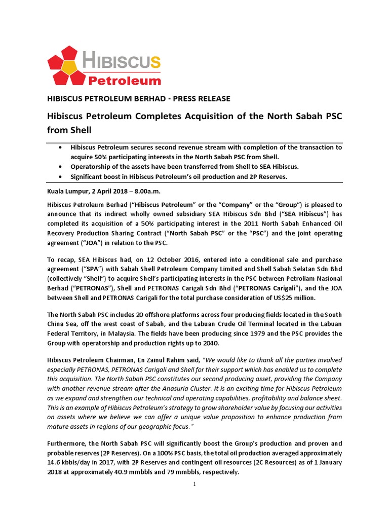 Hibiscus Petroleum Acquires North Sabah PSC | PDF | Royal Dutch Shell ...