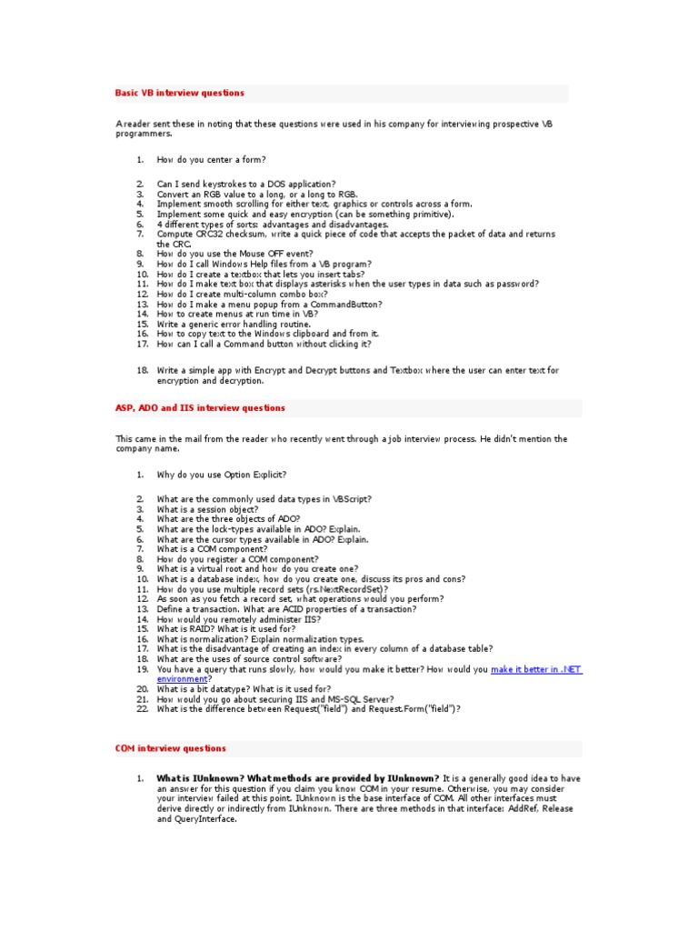 Basic VB Interview Questions | PDF | Component Object Model | Computer Engineering