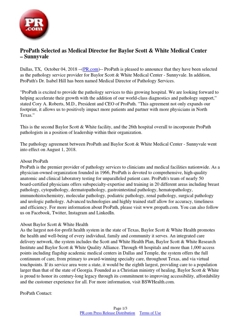 ProPath Selected As Medical Director For Baylor Scott & White Medical ...