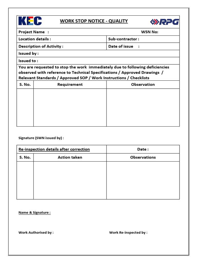 Work Stop Notice - Quality: Signature (SWN Issued By) | PDF