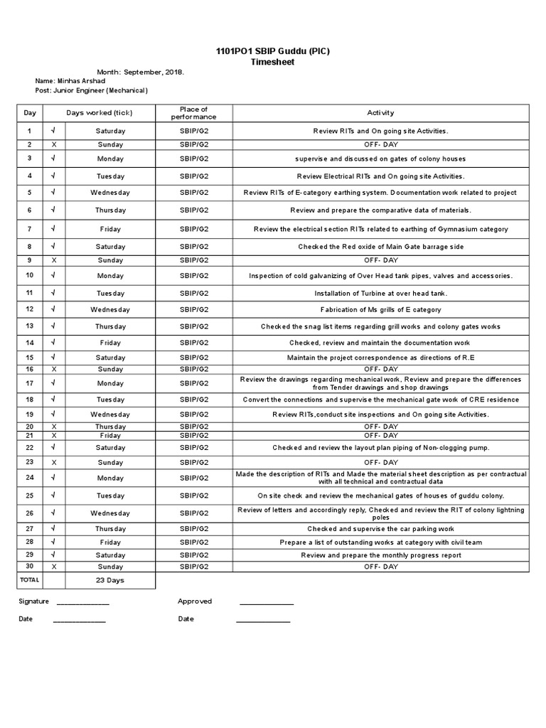 September 2018 Timesheet: Junior Engineer Activities | PDF | Nature
