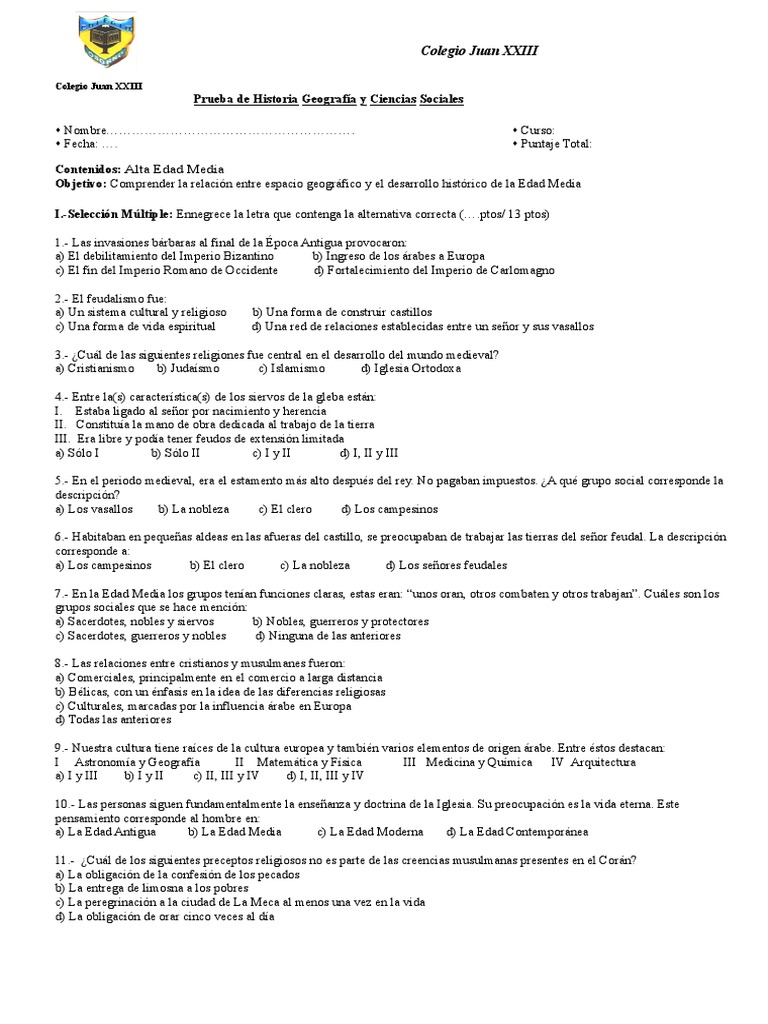 Prueba de Historia: Alta Edad Media | PDF | Edades medias | Feudalismo